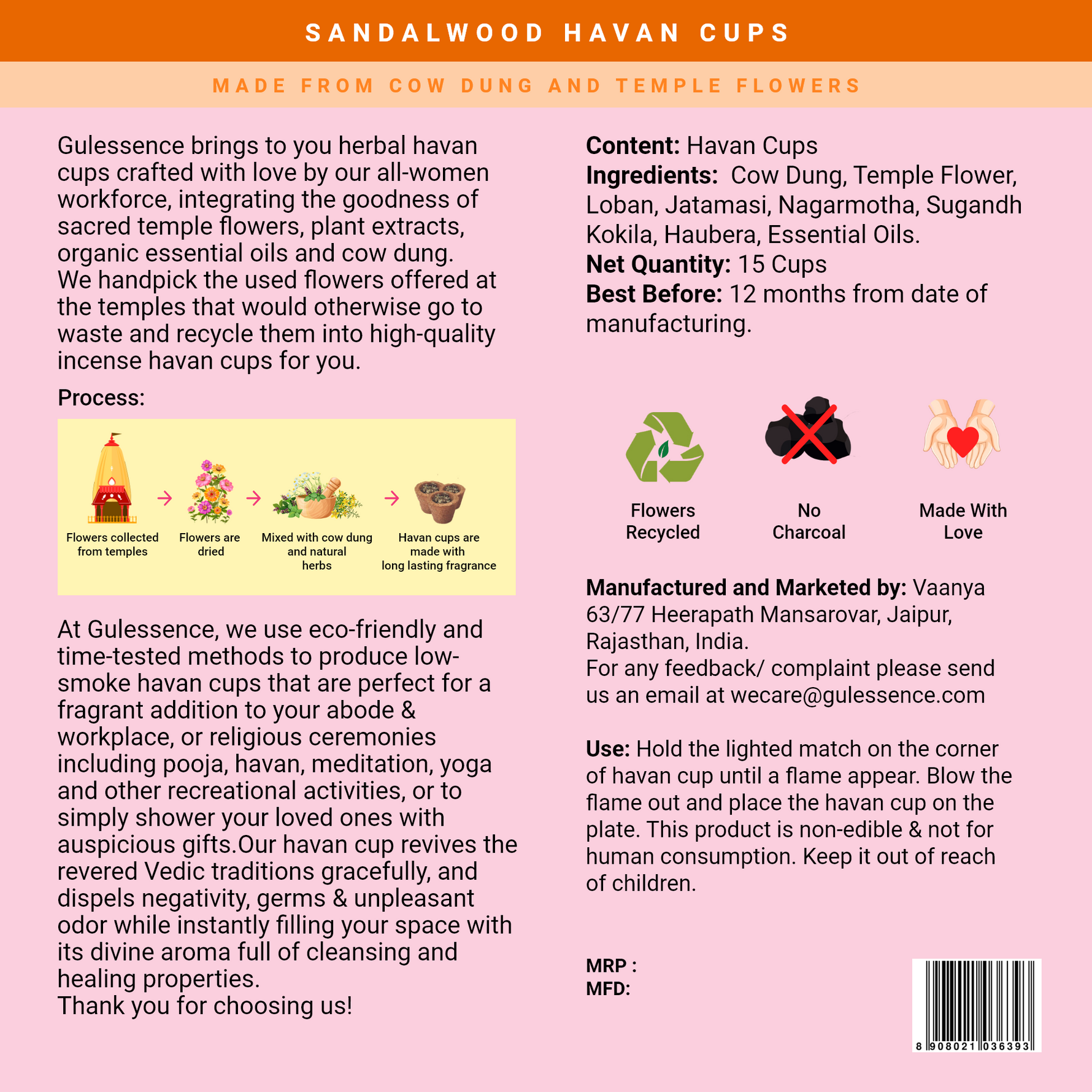 Sandalwood Havan Cups | Made from Cow dung & Temple Flower |Gulessence