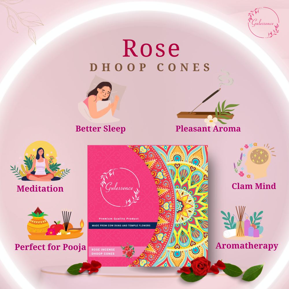 Rose Dhoop Cones | Made from Cow dung & Temple Flower | Gulessence